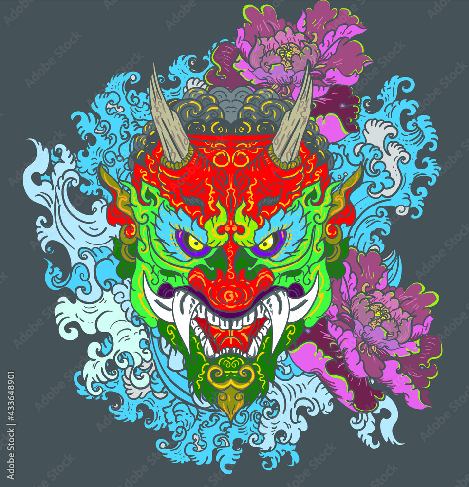 Thai Demon mask with water splash and peony flower tattoo.Traditional ...