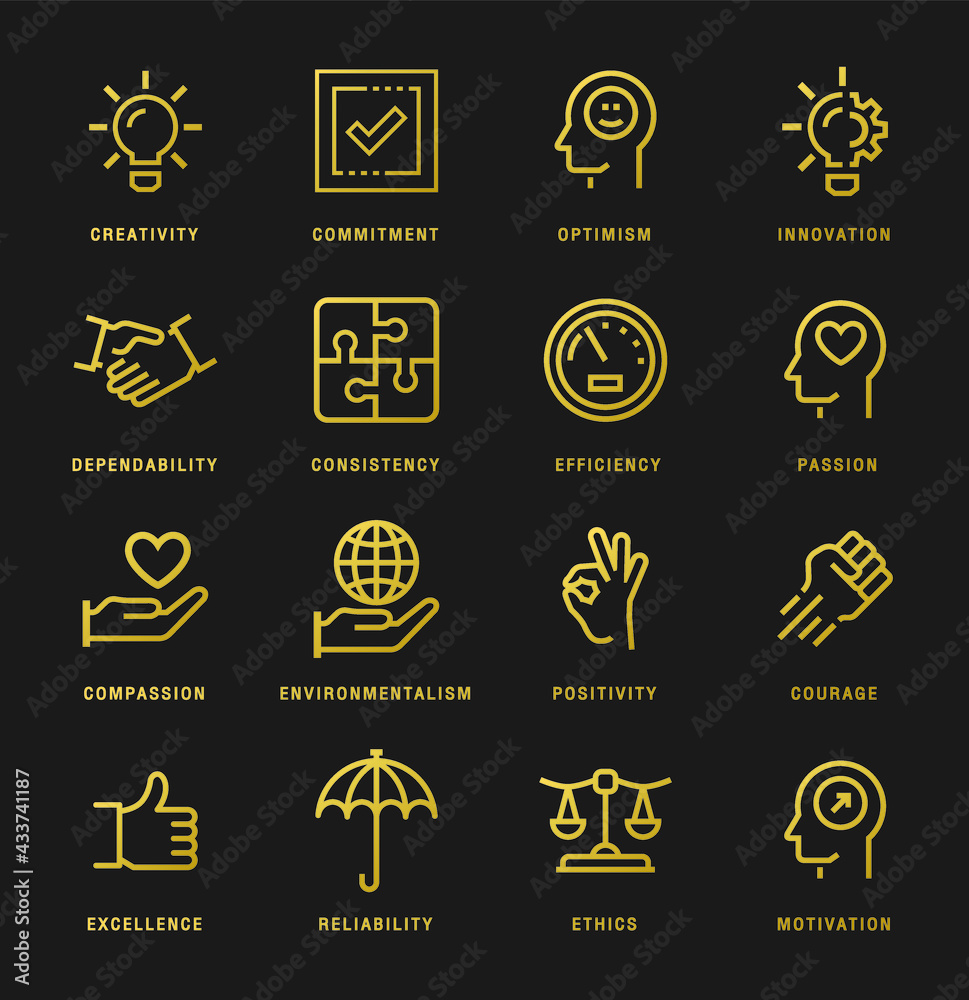 Core values line icons set. gold color Ethics linear style symbols ...