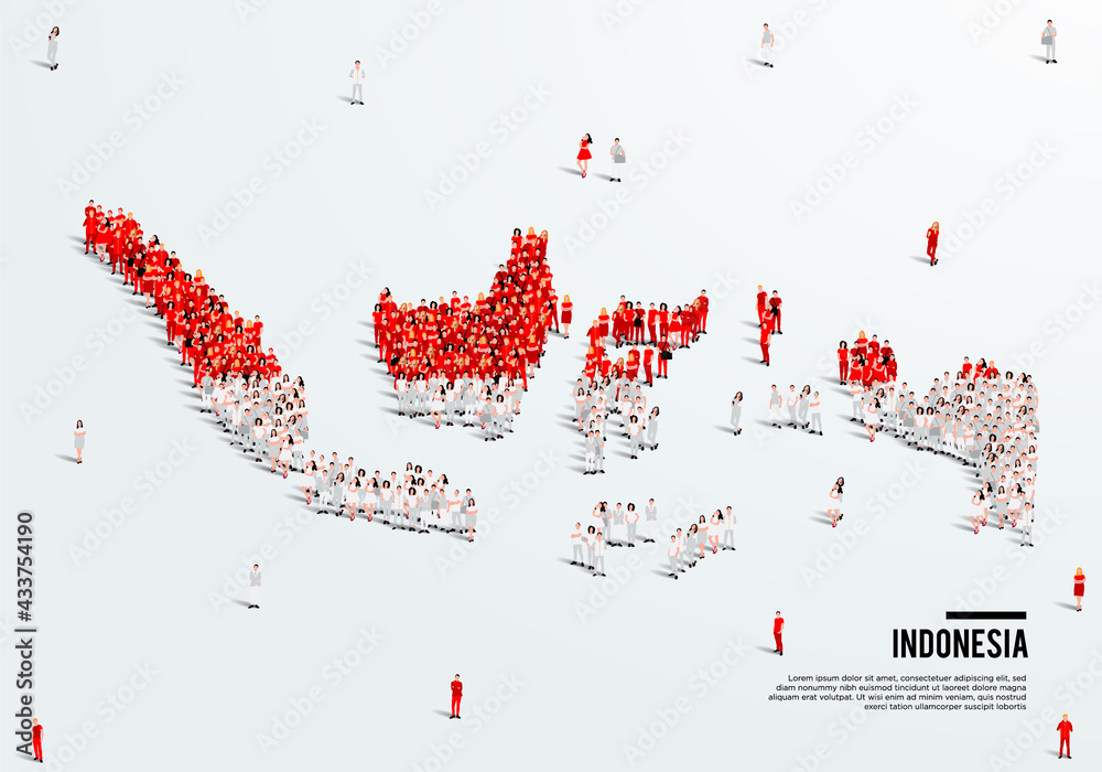 Indonesia Map and Flag. A large group of people in the Indonesian flag ...