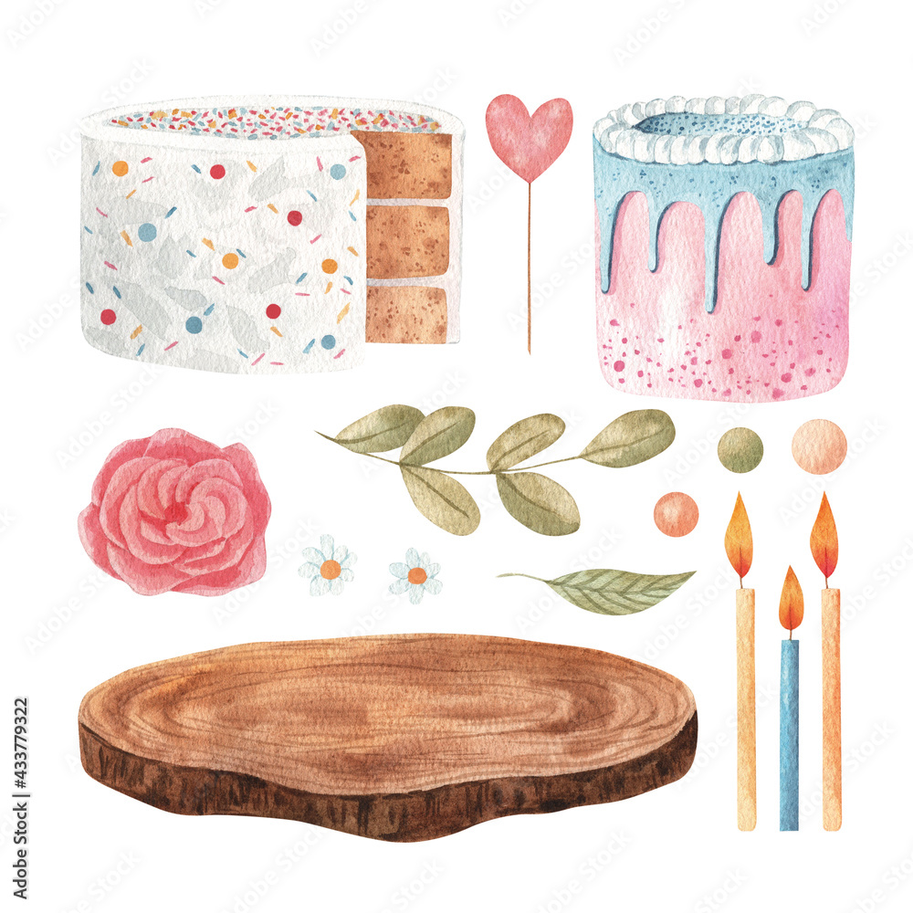 Boho cake clipart, Watercolor birthday cake set, Dessert clipart, Sweet ...