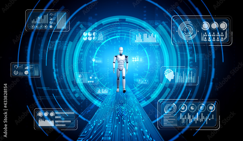 3D rendering robot humanoid analyzing big data using AI thinking brain ...