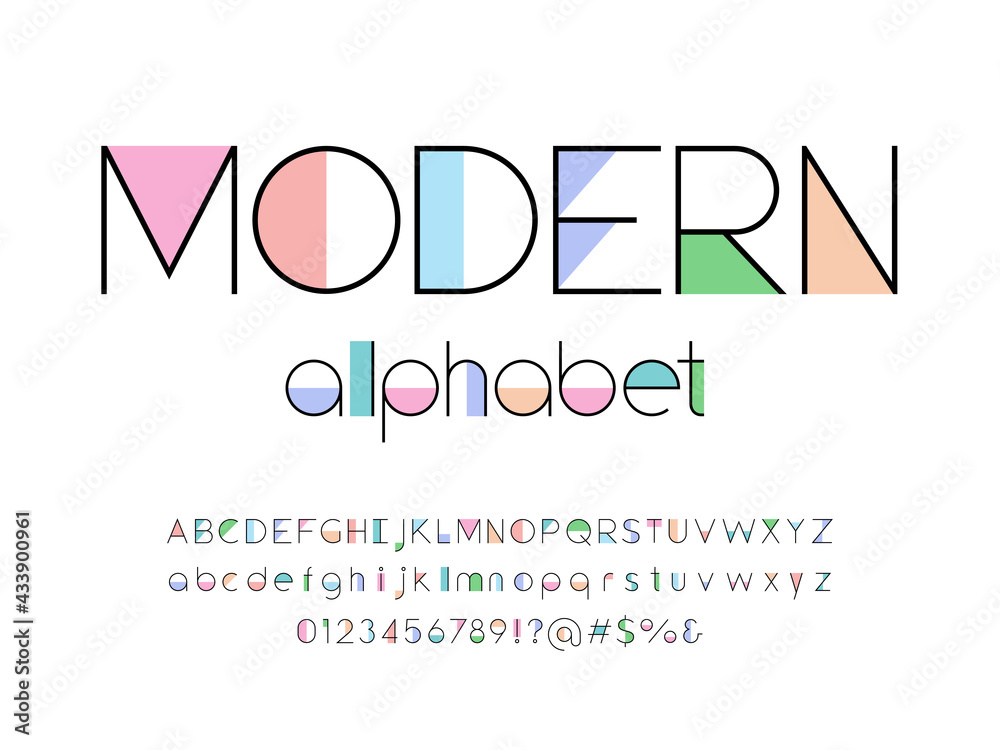 Vector of stylized modern abstract alphabet design with uppercase, lowercase, numbers and ...