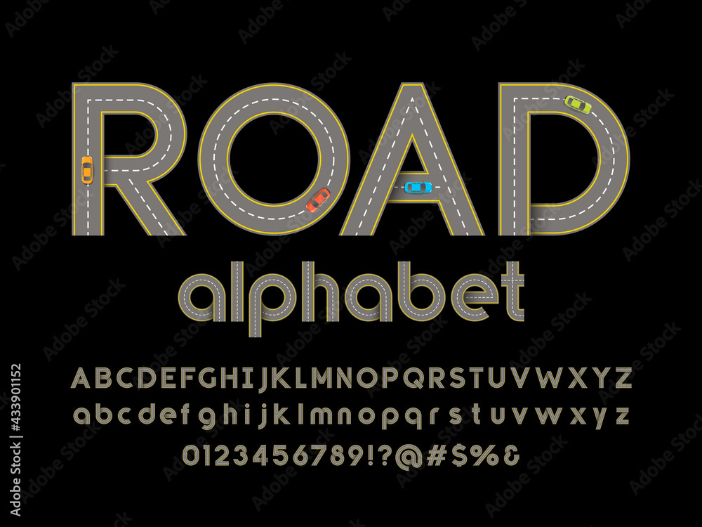 Road style alphabet design with uppercase, lowercase, numbers, symbols ...