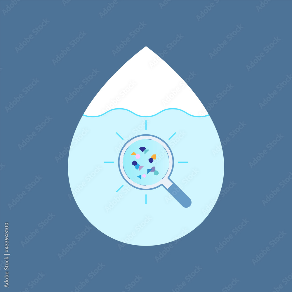 Magnifying glass enlarge microplastic particles floating in the water ...