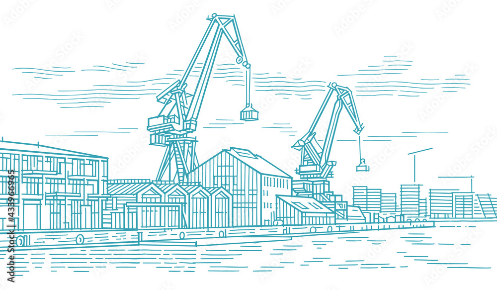 Industrial port line sketch, vector. Stock Vector | Adobe Stock