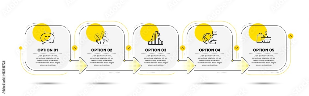 Roller coaster, Smile chat and Fireworks line icons set. Timeline ...
