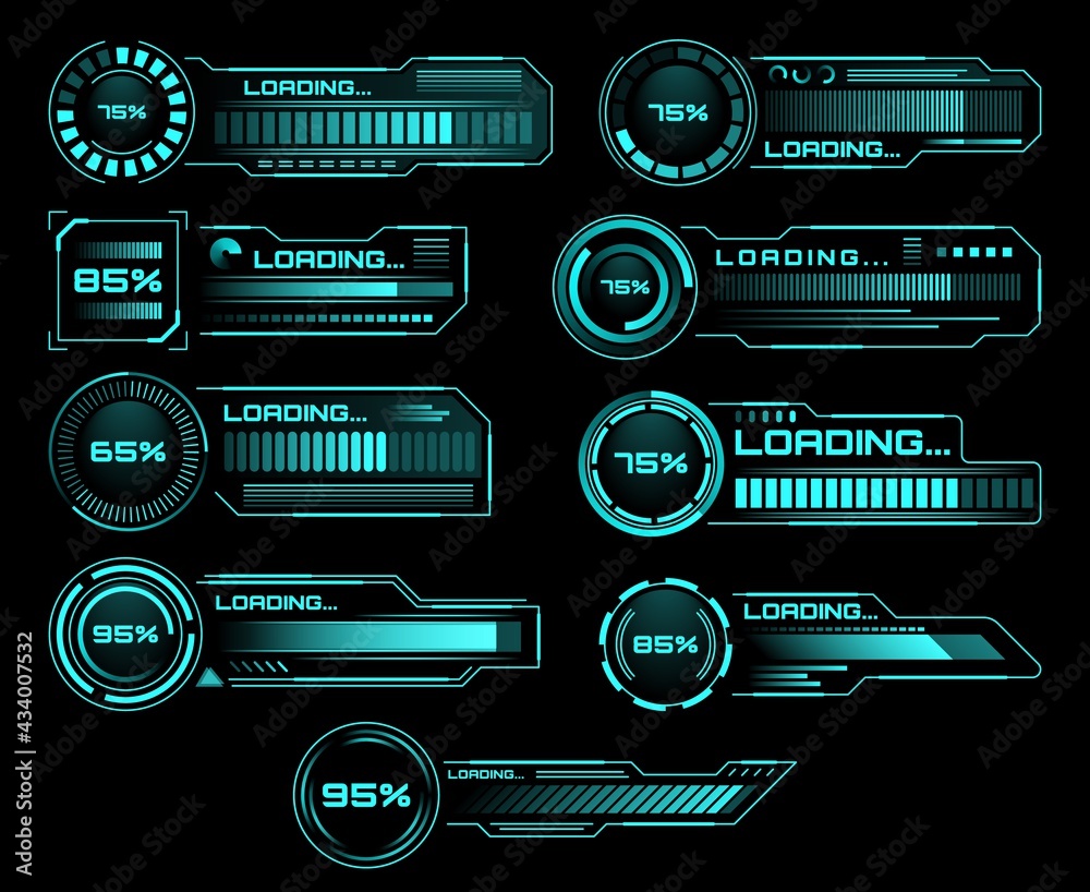 HUD loading progress bars, Sci Fi interface, vector digital futuristic elements for dashboard ...