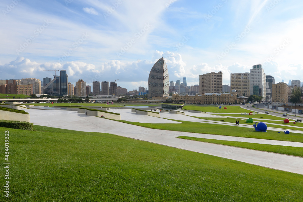 Baku Central Park overlooking the city skyline. Located in front of ...