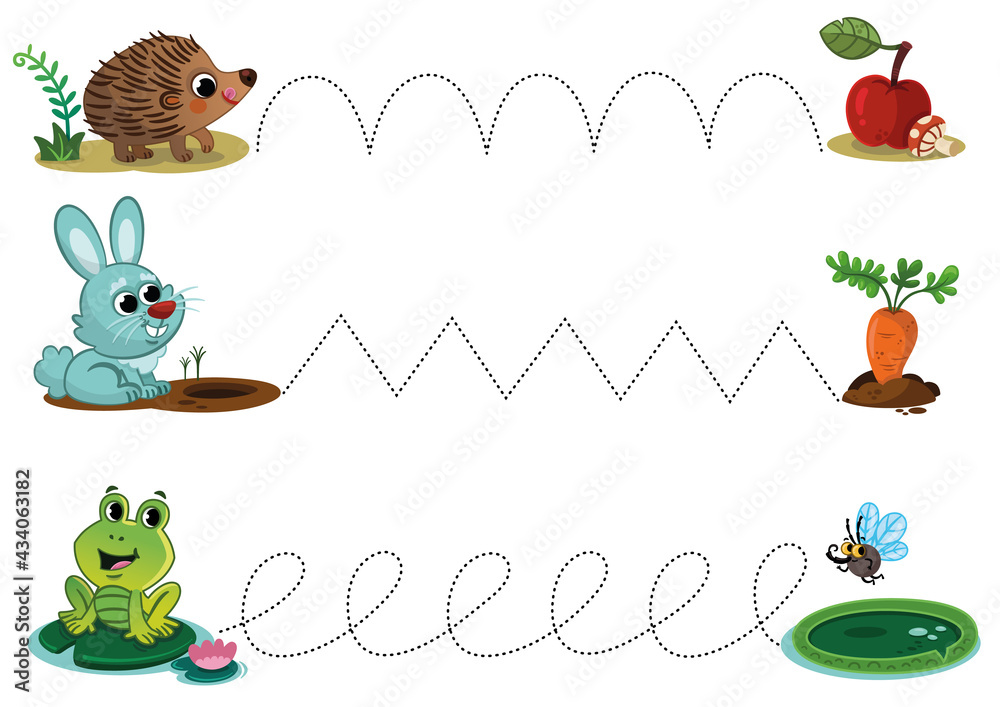 Handwriting practice sheet with cute cartoon animals. Tracing lines for ...