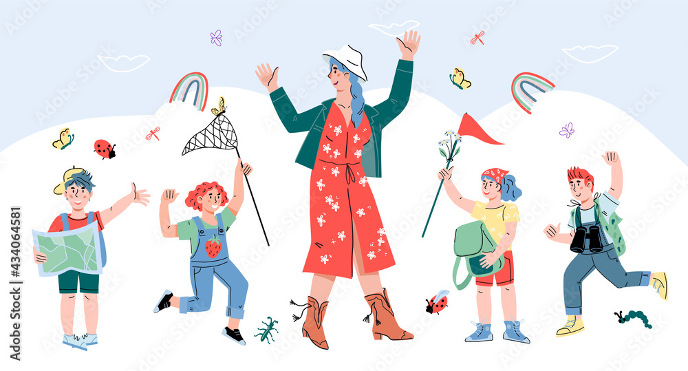 Children with a teacher in botany or biology lesson in the open air ...