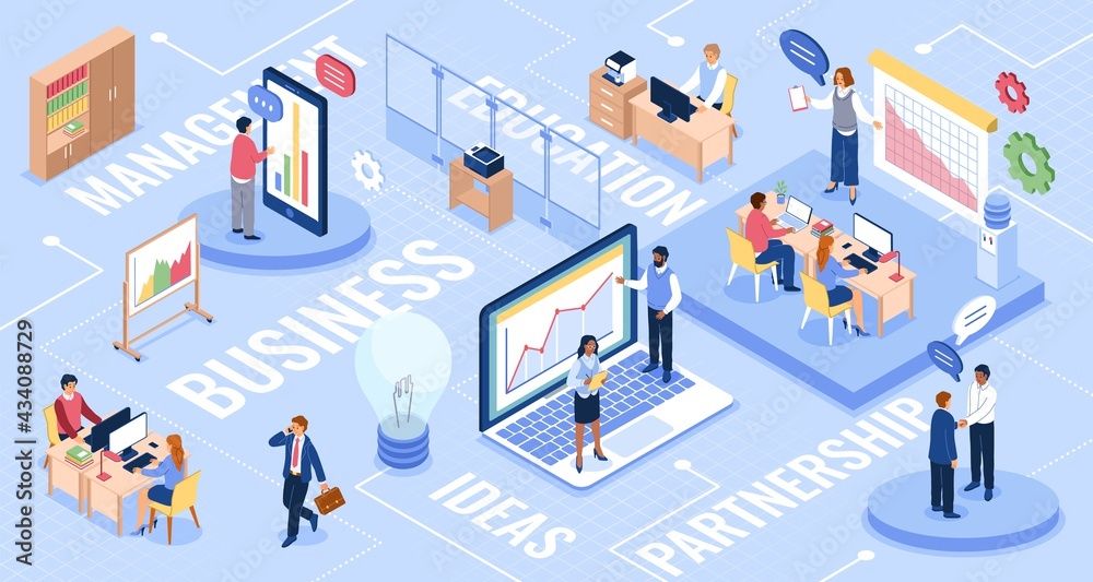 Isometric office. Business people infographics, open space, teamwork ...