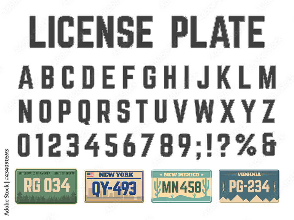 Car license plates alphabet. Vehicle registration signs latin alphabet ...
