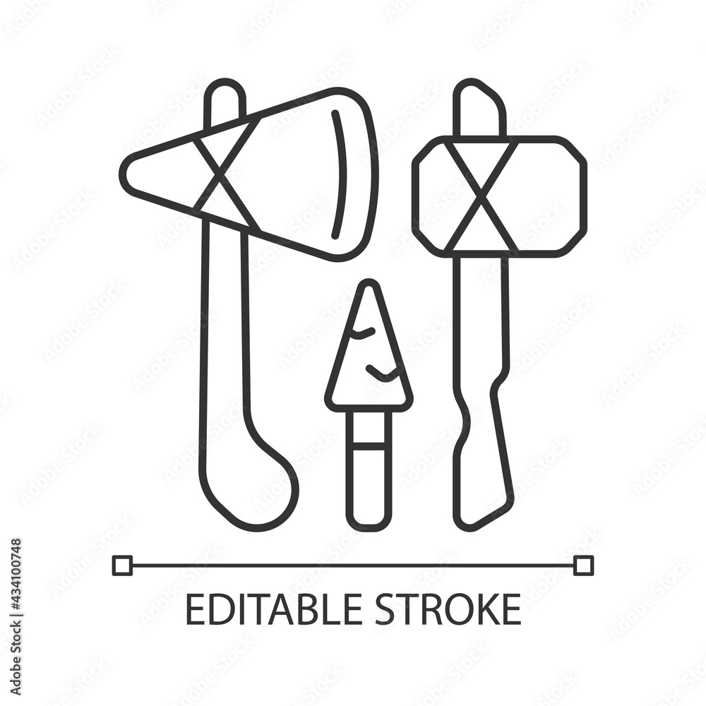 Stone age weapons linear icon. Hand axes, scrapers. Hunting, cutting up ...