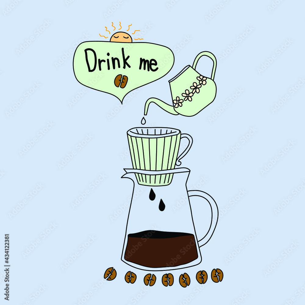 Hand drawn coffee drip on soft blue background for good morning concept ...