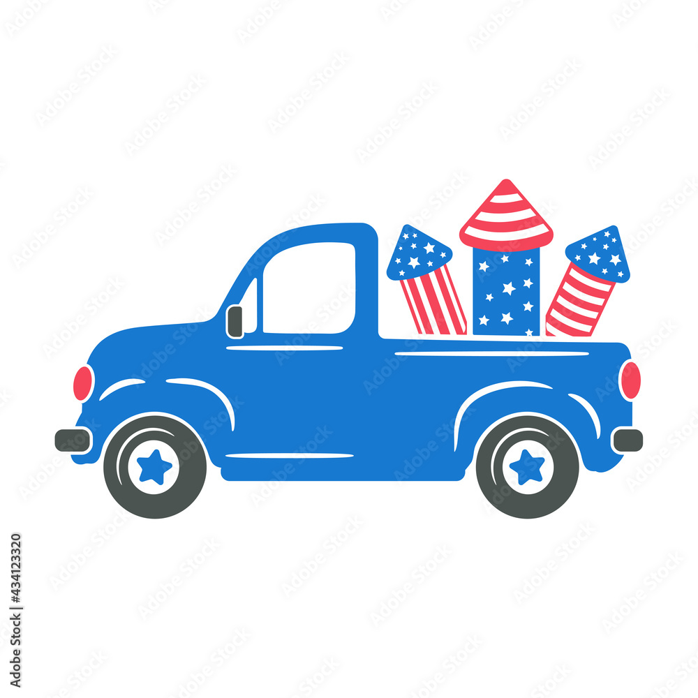 4th of july. A truck carrying rockets to shoot American flag fireworks ...