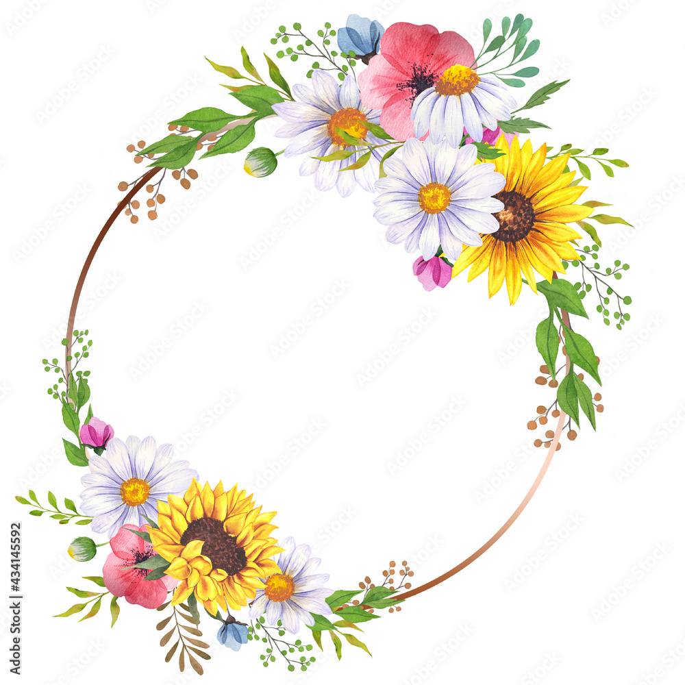 Floral Frames with Wildflowers and Leaves. Watercolor sunflower frame ...