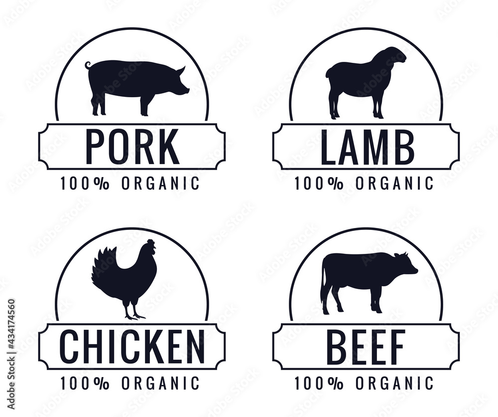 Collection of organic farm meat labels with farm animals. Silhouettes ...