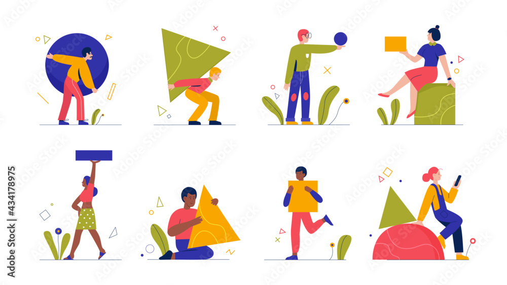 People carry geometric abstract shapes vector illustration set. Cartoon ...