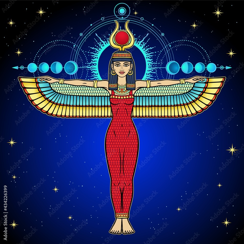 Animation color portrait: Egyptian winged goddess Isis with horns and a ...