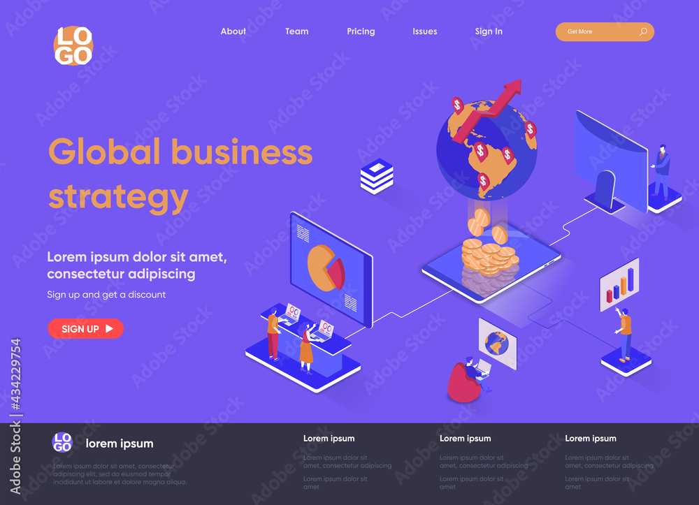 Global business strategy isometric landing page. International ...