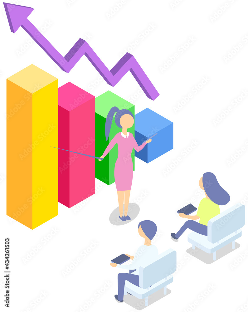 People study statistics shown on bar chart. Analyze diagrams and charts ...