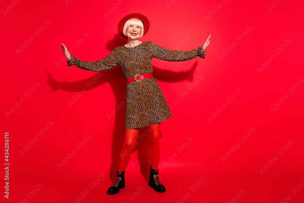 Full length photo of cheerful aged woman happy positive smile have fun ...