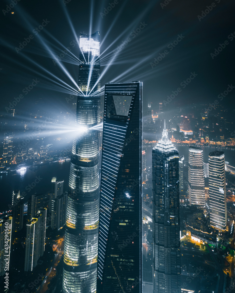 Aerial view of Shanghai city lights at late night, view of the modern ...