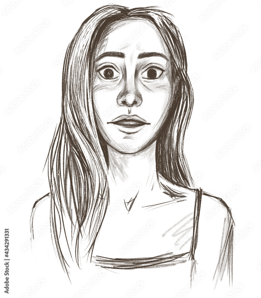 Surprised girl. Portrait of a frightened, shocked young woman. Sketch ...