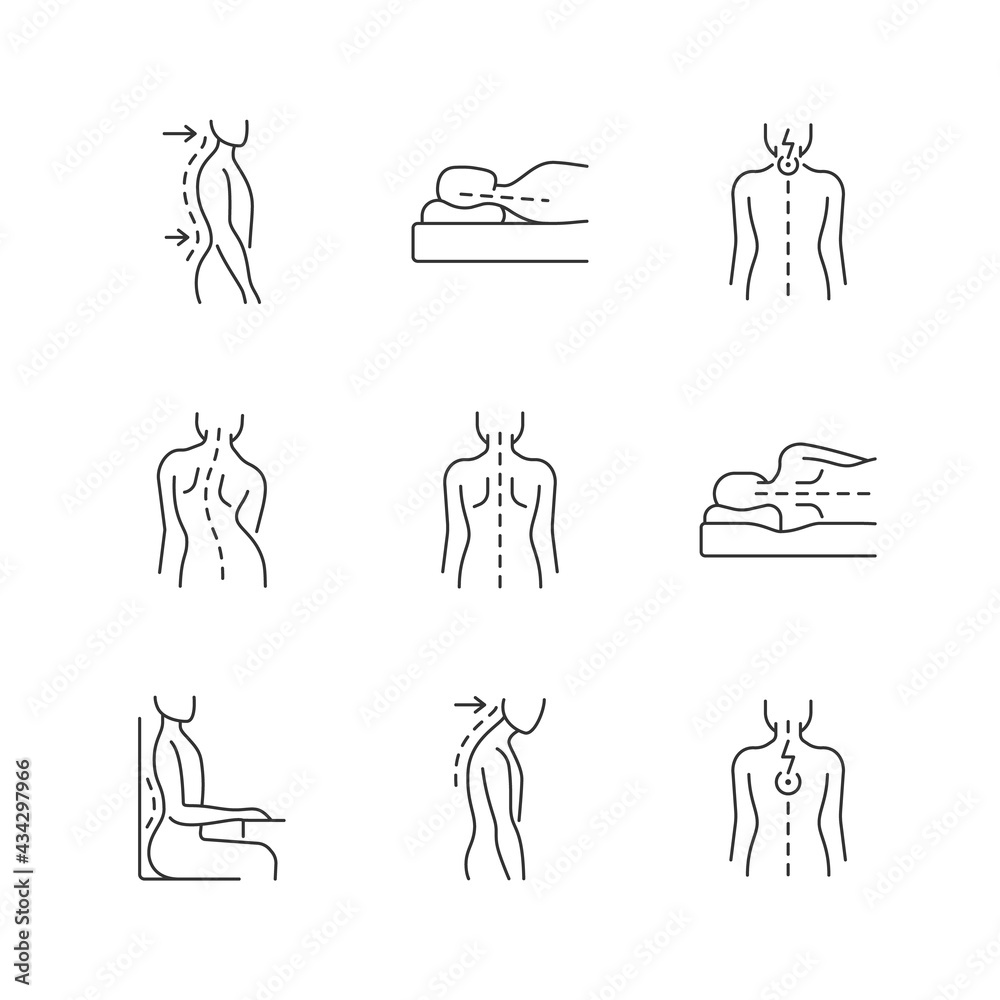 Back and posture problems linear icons set. Lumbar lordosis. Incorrect ...