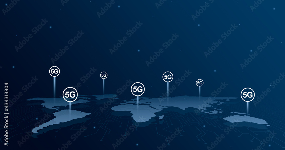 5g logo icons over all continents of the world map 3d Stock ...