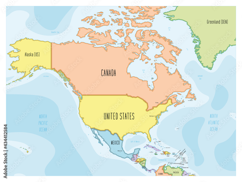 Political map of North America Colorful hand-drawn cartoon style ...