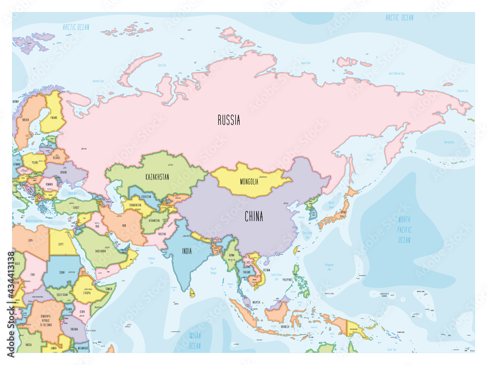 Political map of Asia. Colorful hand-drawn cartoon style illustrated ...