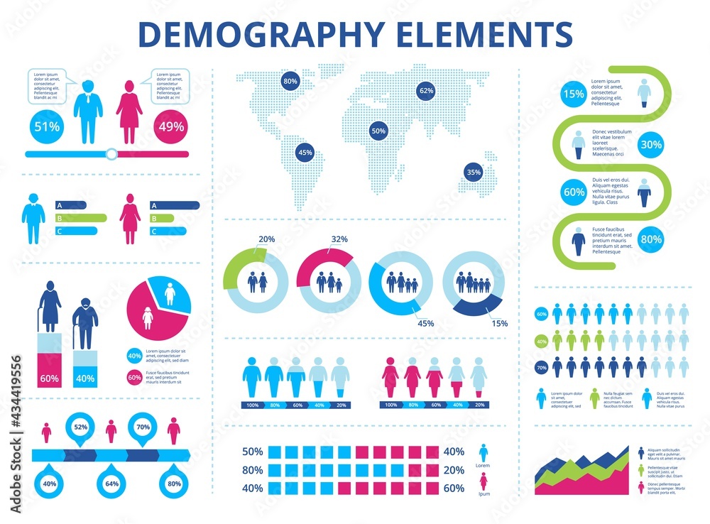 Population infographic. Men and women demographic statistics with pie ...