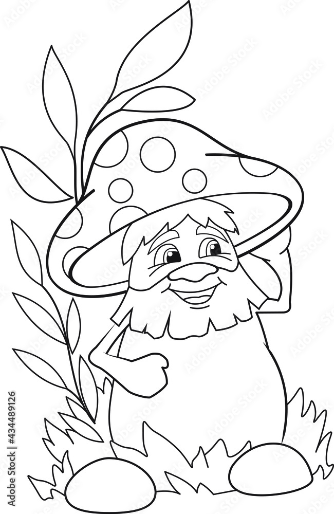 Cartoon Mushroom with eyes and hands. Coloring page. Illustration for ...