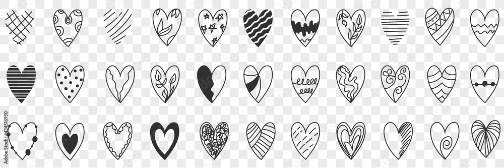 Styles of heart doodle set. Collection of hand drawn various designs ...