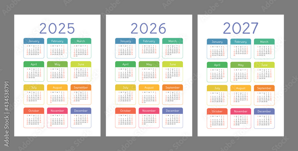 Pocket calendar 2025, 2026 and 2027 years. Portrait orientation ...