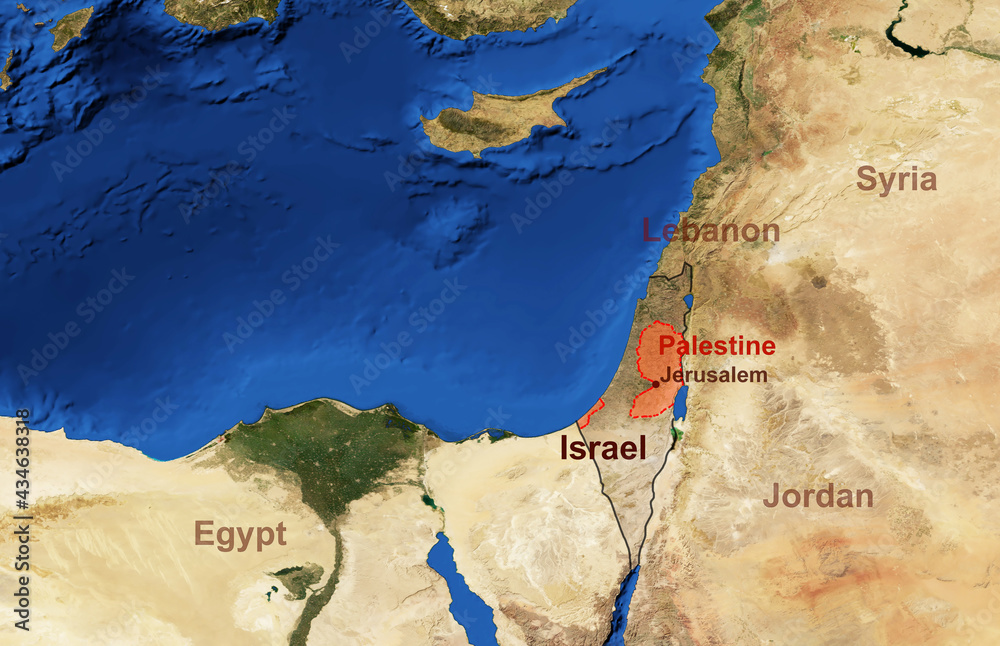 Photo Stock Israel and Palestine map in satellite photo. Elements of ...