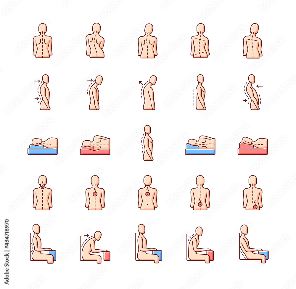 Vector de Stock Back and posture problems RGB color icons set. Spinal ...