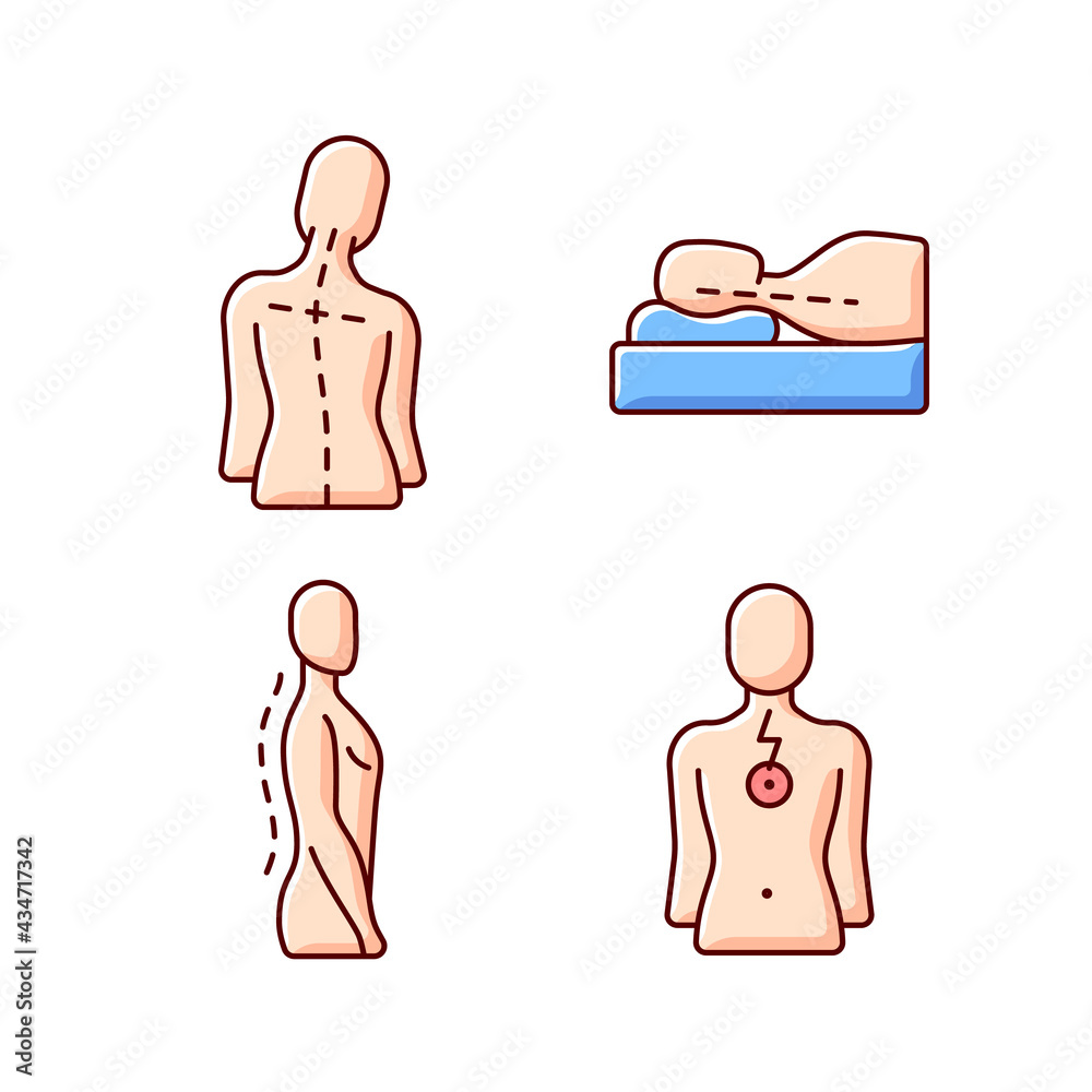 Postural dysfunction RGB color icons set. Head tilt. Incorrect sleeping ...