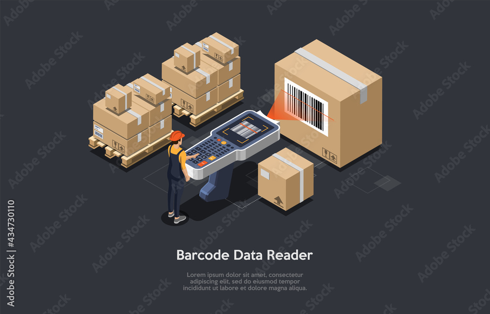 3d Composition, Vector Isometric Art. Cartoon Style. Barcode Data ...