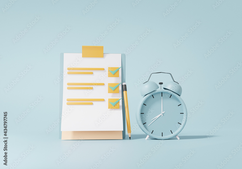 Checklist Check mark on a clipboard paper and alarm clock. tick check ...