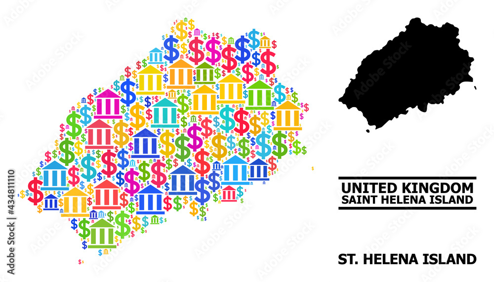 Bright colored bank and money mosaic and solid map of Saint Helena ...