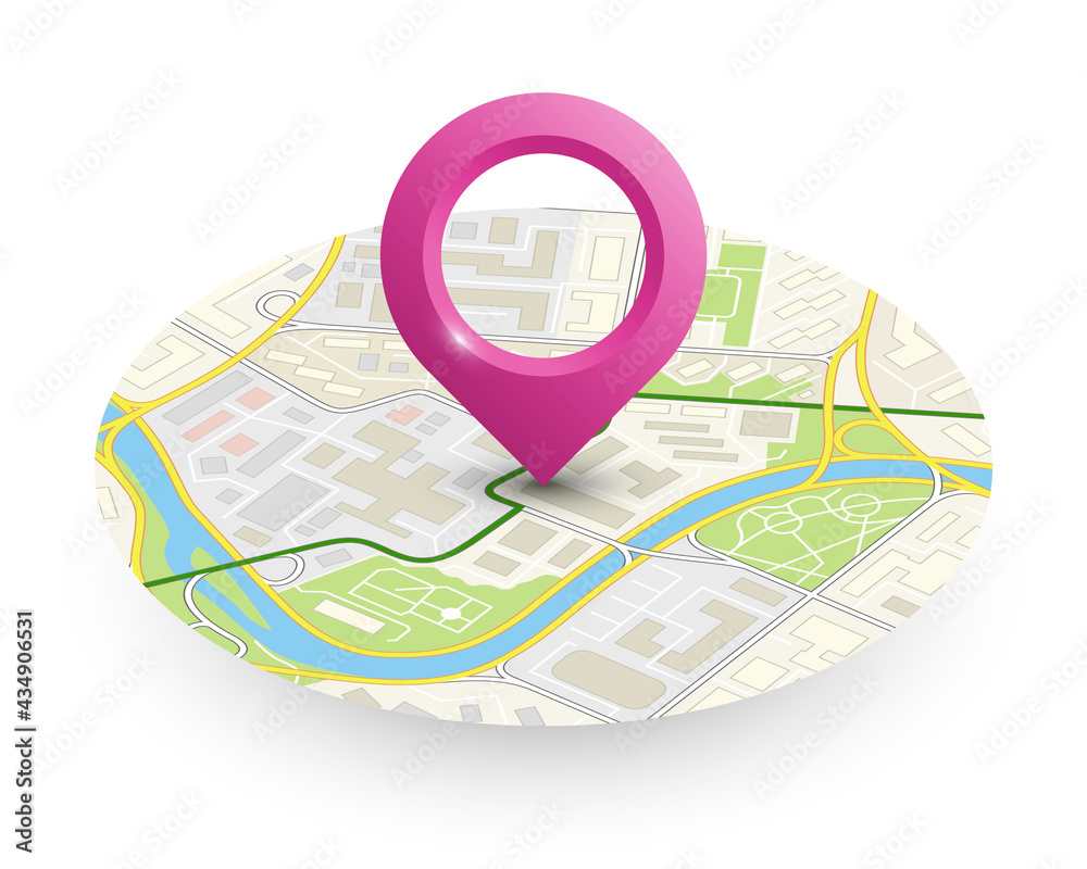 Isometric round city map navigation, point marker background, app ...