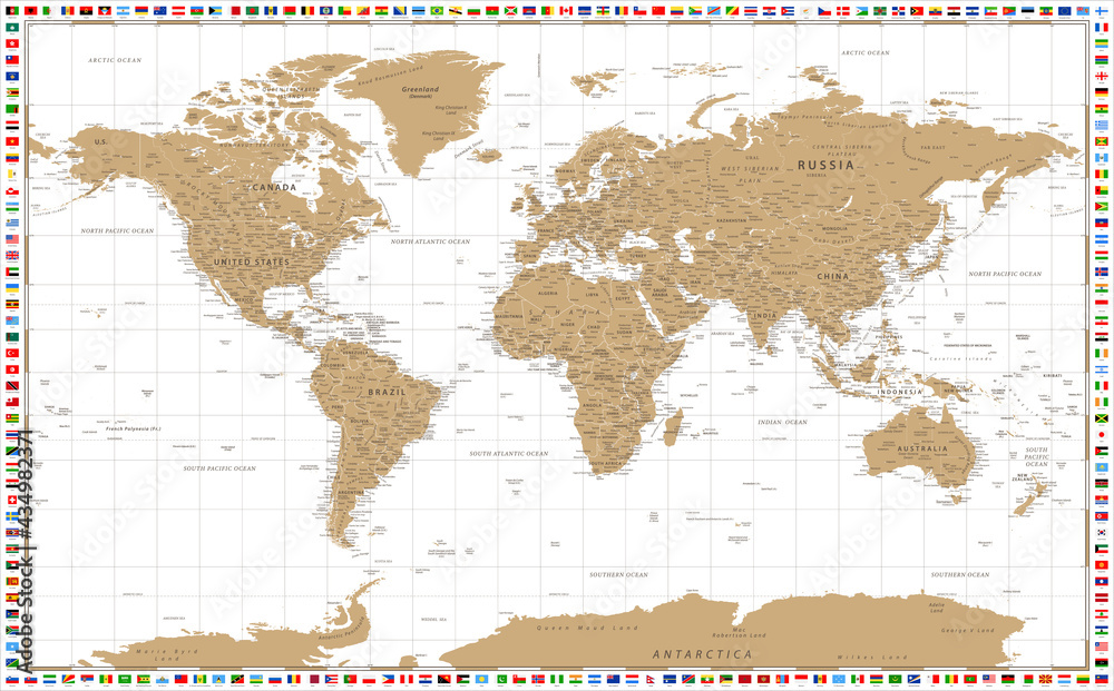 World Map - Golden Sepia Map on White Background. Flags included ...