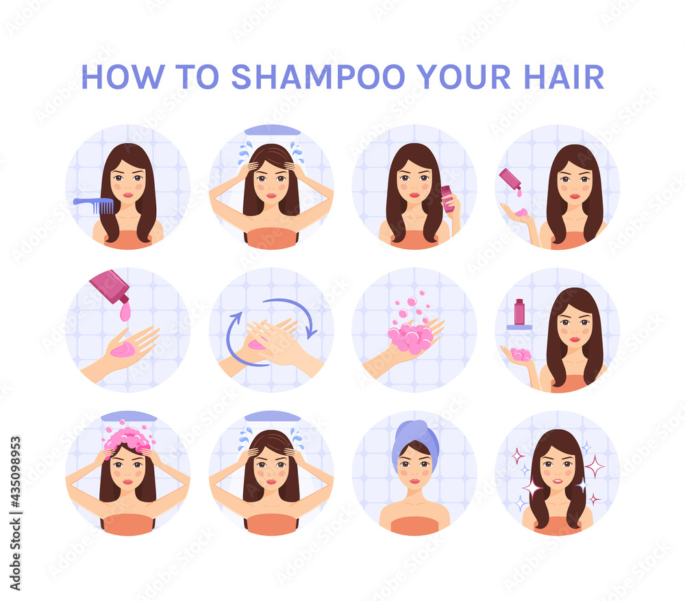 Set of young brunette isolated girls wash their hair under the shower ...