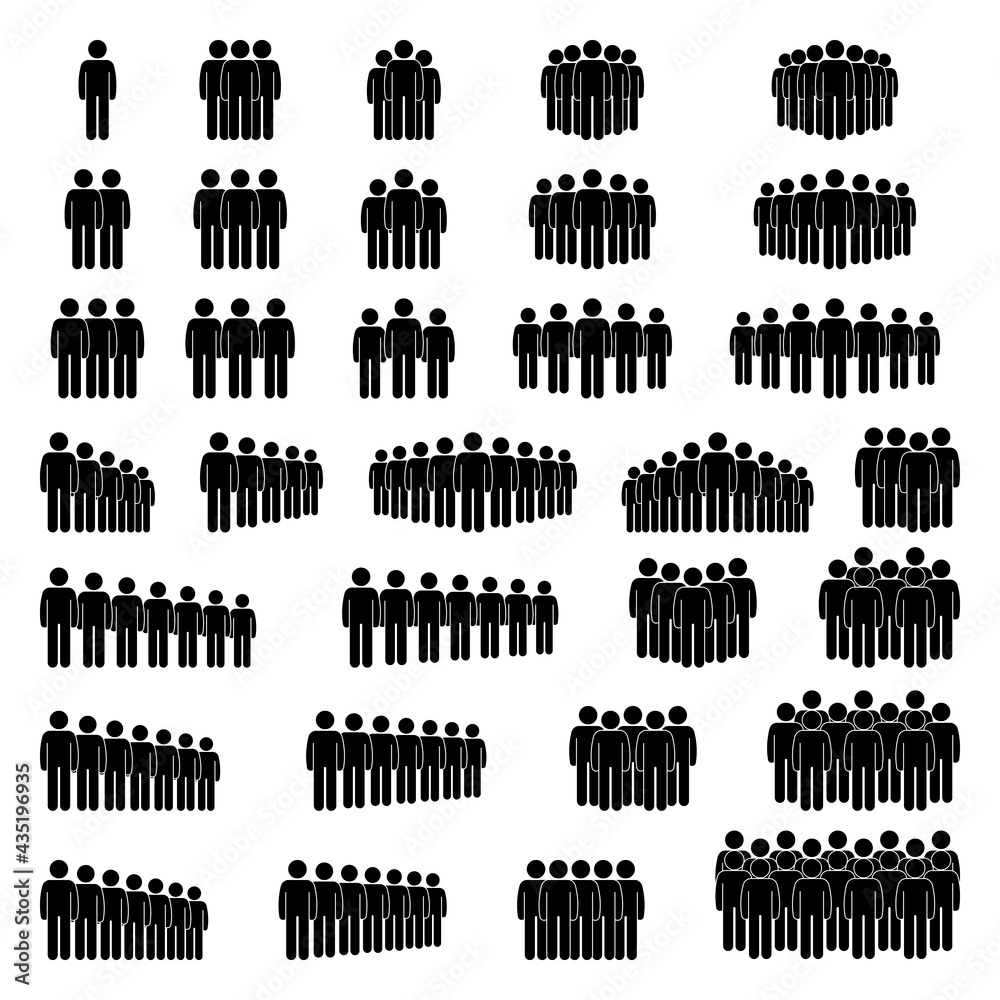 Group of stick figure people men standing, waiting in line, queue, row ...