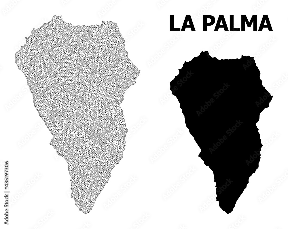 Polygonal mesh map of La Palma Island in high detail resolution. Mesh lines, triangles and ...