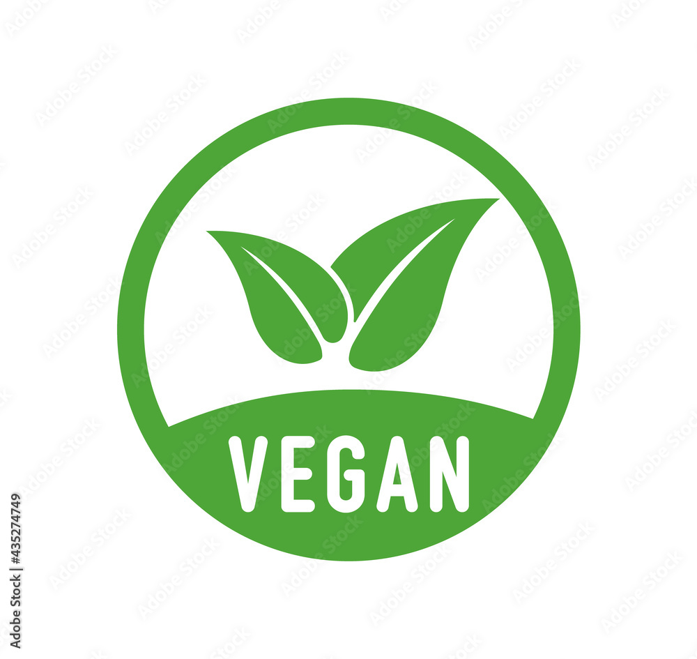 Vegan vector sign. Round green illustration with leaves for stickers ...