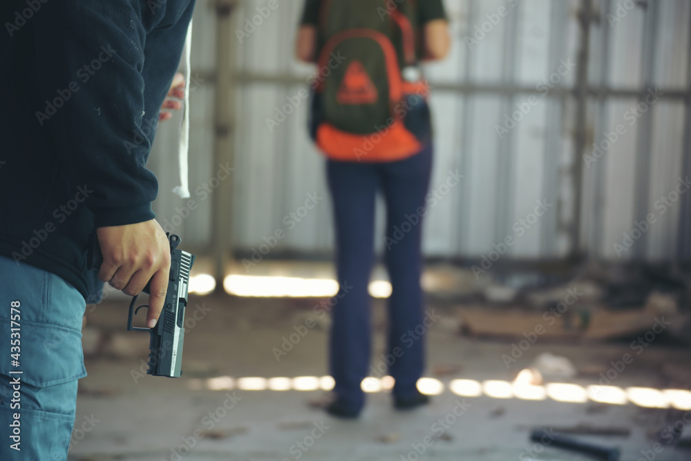 Thief armed man rob woman by gun on street so scared shocked face ...