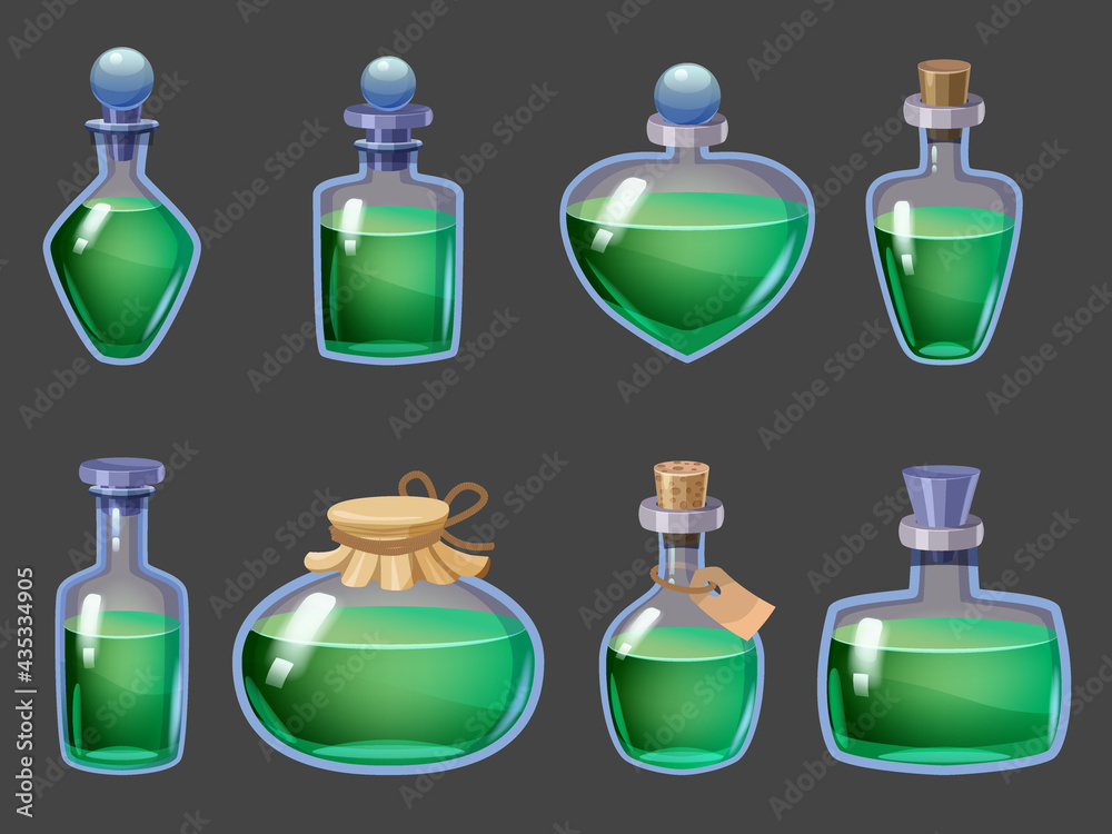 Set of Bottles magic liquid potion fantasy elixir. Game icon GUI for app games user interface ...